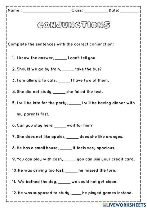 Conjunctions Online Worksheet For Grade 5