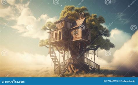 surreal treehouse with the cloudy sunset sky stock illustration