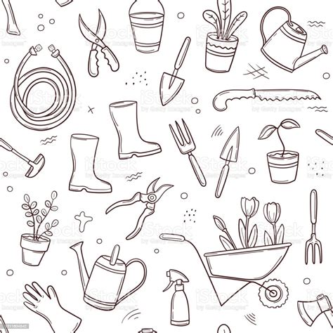손으로 그린 낙서 스타일에 원예 도구의 원활한 패턴 봄 작업을 위한 다양한 농업 및 정원 도구를 연속 인쇄합니다 흰색으로 격리된 벡터 그림 0명에 대한 스톡 벡터 아트 및