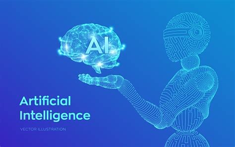 Ai 인공 지능 사이보그 또는 봇 의 형태로 Ai 와이어 프레임 로봇 디지털 두뇌 로봇 손에 뇌 기계 학습 미래의 그래픽 디자인 컨셉 벡터 그림입니다 0명에 대한 스톡 벡터