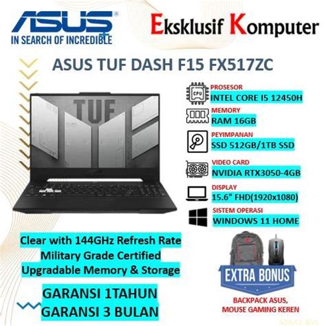 Jual Laptop Gaming Asus Tuf Fx517zc I5 12450h Rtx3050 Fhd Ssd 1tb 144hz