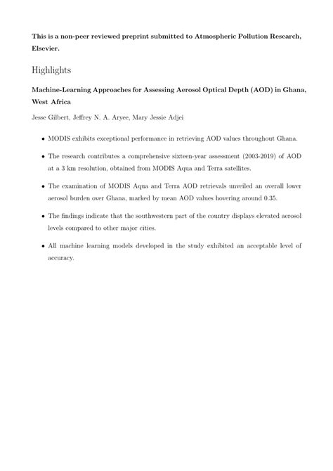 Pdf Machine Learning Approaches For Assessing Aerosol Optical Depth Aod In Ghana West Africa