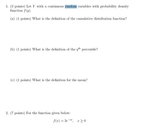 Solved Points Let Y With A Continuous Random Chegg
