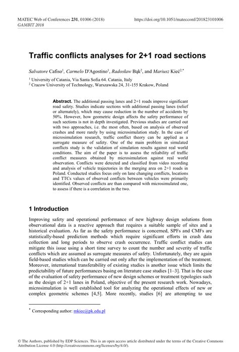 Pdf Traffic Conflicts Analyses For 21 Road Sections