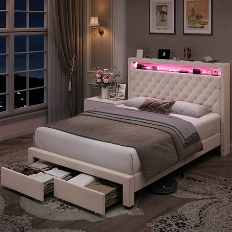 Homfa Queen Size Led Bed Frame With Outlets And Usb Ports Modern