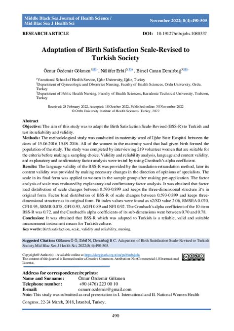 Pdf Adaptation Of Birth Satisfaction Scale Revised To Turkish Society