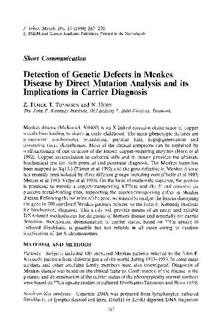 Pdf Detection Of Genetic Defects In Menkes Disease By Direct Mutation Analysis And Its