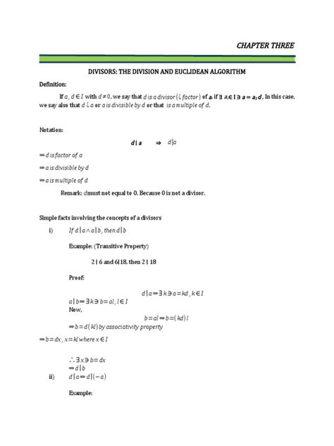 Divisors The Division And Euclidean Algorithm Chapter Three Pdf