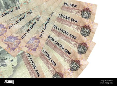 50 Uae Dirhams Bills Lies Isolated On White Background With Copy Space