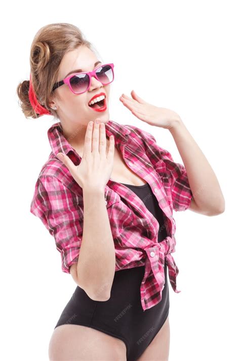 Premium Photo Coquettish Girl In Silk Dress And Glasses Licks Her