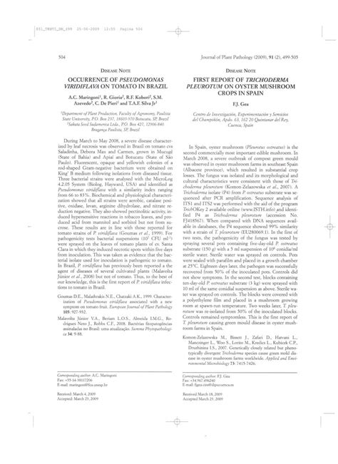 Pdf First Report Of Trichoderma Pleurotum On Oyster Mushroom Crops In