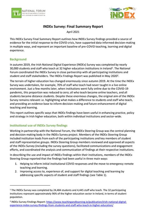 Index Survey Final Summary Report National Resource Hub