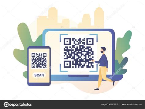 Qr Code Scanning Concept Tiny Male Scan Code Using Smartphone And Laptop Modern Flat Cartoon