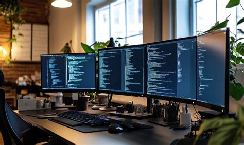 Programmer39s Workspace With Multiple Monitors Premium Ai Generated Image