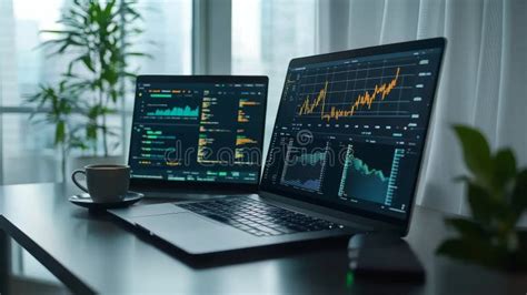 Stylish Laptop On Desk With Data Analytics Displaying Trends Stock Image Image Of Cafe