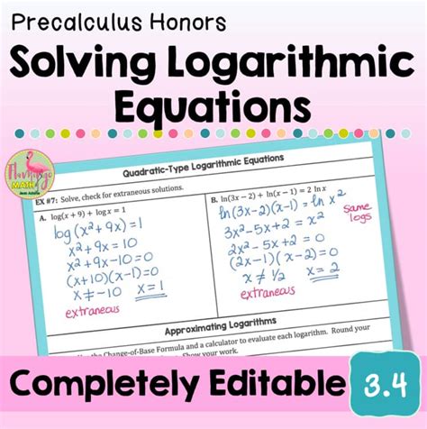 Solving Logarithmic Equations Lesson Unit 3 Precalculus Tpt