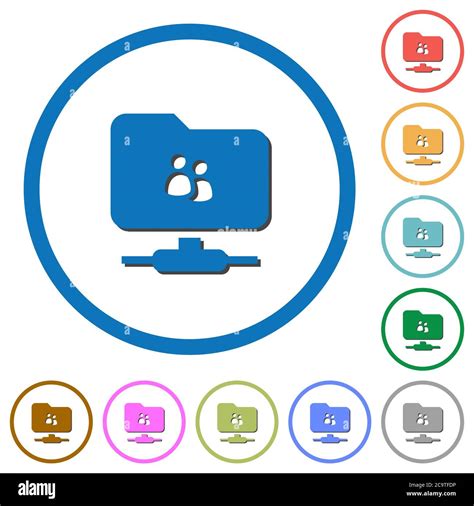 Ftp Group Flat Color Vector Icons With Shadows In Round Outlines On White Background Stock