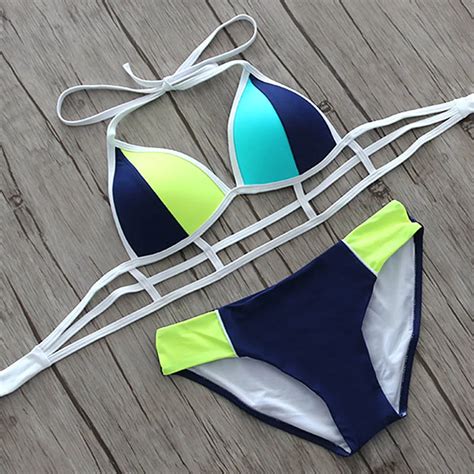 Sexy Bikinis Patchwork Push Up Swimwear Women Bandagebikini Set Halter Wrap Women Swimsuit Thong