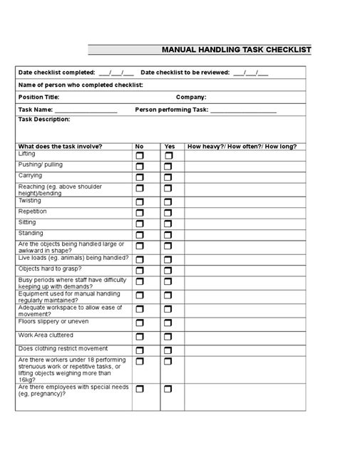 Manual Handling Checklist Pdf Safety Prevention