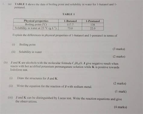 Solved 1 A Table I Shows The Data Of Boiling Point And Solubility In Water For 1 Butanol And