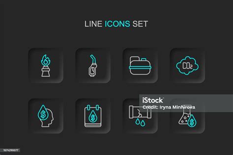 세트 라인 오일 휘발유 시험관 밸브가 있는 깨진 오일 파이프 드롭 달러 기호 구름의 Co2 배출량 휘발유 용기 가솔린 펌프 노즐 및 장비 화재 아이콘 벡터 0명에 대한 스톡