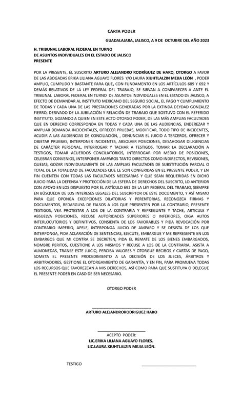 Carta Poder Carta Poder Guadalajara Jalisco A 9 De Octubre Del AÑo