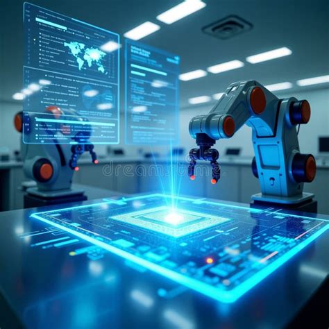 High Tech Workspace With Holographic Displays And Robots Generative Ai Stock Illustration
