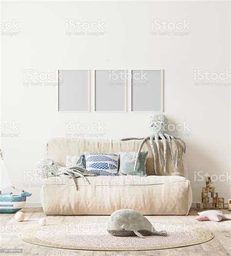 침대와 부드러운 장난감 3d 렌더링과 아이 룸 인테리어 배경에 빈 포스터 프레임 모의 0명에 대한 스톡 사진 및 기타 이미지 0명 가구 가정의 방 Istock