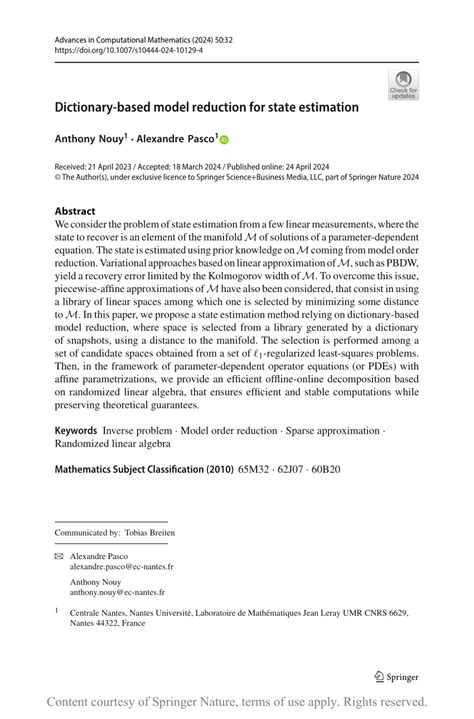 dictionary based model reduction for state estimation request pdf