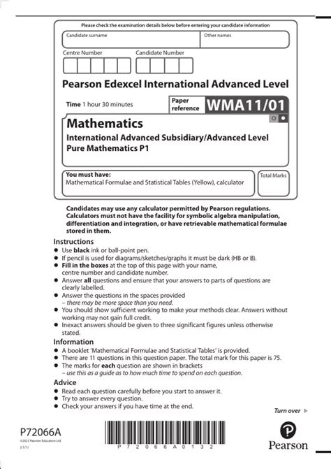 Pearson Edexcel International Advanced Level Jan AS Pure Mathematics P A Level Maths