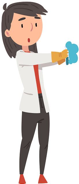 테스트 플라스크 의사 또는 학생 캐릭터를 가진 소녀 화학자 과학자는 의학 또는 연구 실험실 만화 스타일 벡터 일러스트레이션에서