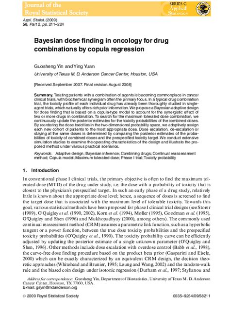 Pdf Bayesian Dose Finding In Oncology For Drug Combinations By Copula Regression
