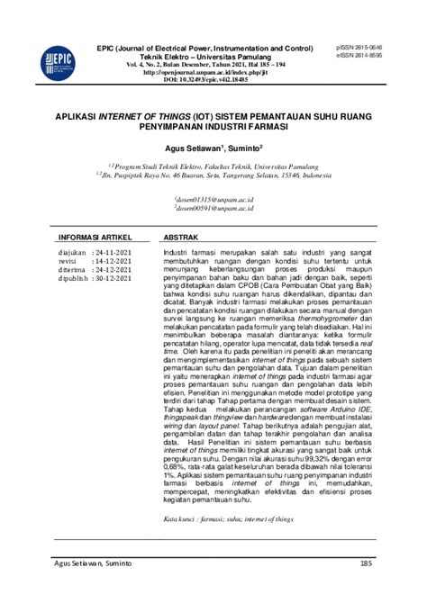 Pdf Aplikasi Internet Of Things Iot Sistem Pemantauan Suhu Ruang Penyimpanan Industri Farmasi