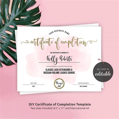 Feminine Certificate Of Completion Printable Course Award Etsy