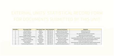 External Units Statistical Record Form For Documents Submitted By This Unit Excel Template And
