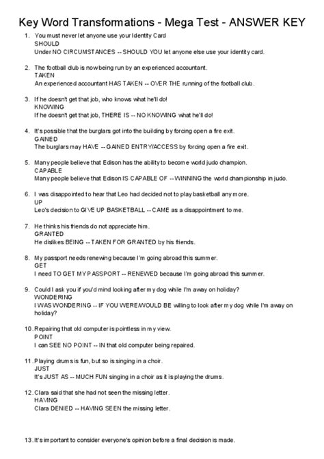 Key Word Transformations Mega Test Answer Keypdf