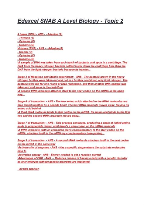 Edexcel Snab A Level Biology Topic 2 Exam 2024 2025 Questions With Completed And Verified