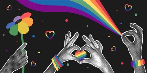 어두운 배경에 하프 톤 콜라주의 트렌디 한 세트입니다 Lgbt 엠블럼 무지개 꽃 깃발을 들고 있는 손 성별 다양성 통일성 개념 벡터 평면 그림 포스터 엽서 배너 스티커
