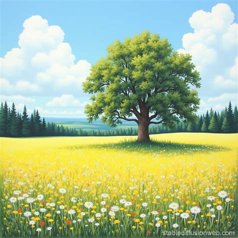 Impressionist Oil Painting Of Oak Tree In Wildflowers Stable Diffusion Online