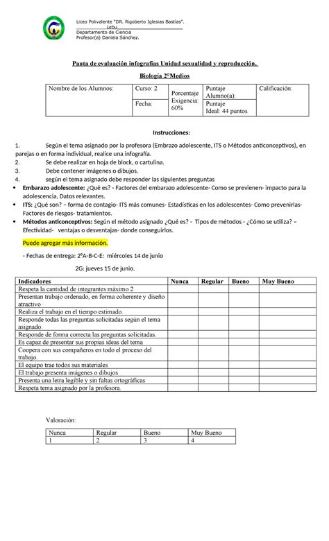 Pauta De Evaluaci N Infograf As Unidad Sexualidad Y Reproducci N Liceo Polivalente Dr
