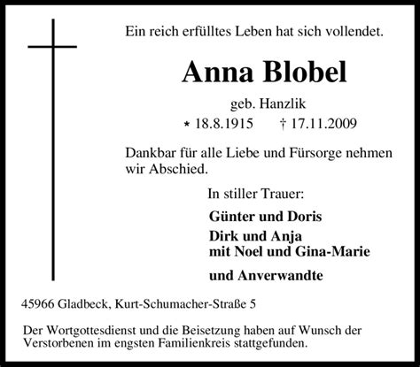 Traueranzeigen Von Anna Blobel Trauer In Nrwde