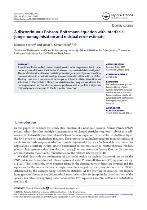 Pdf A Discontinuous Poisson Boltzmann Equation With Interfacial Jump Homogenisation And