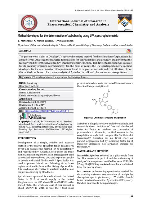 Pdf Method Developed For The Determination Of Apixaban By Using U V Spectrophotometric