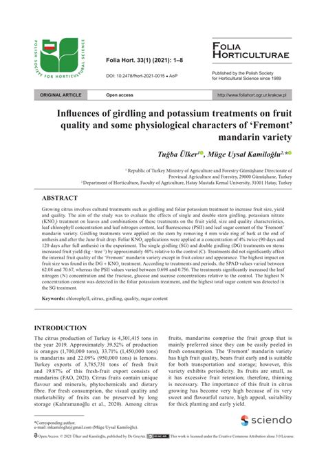 Pdf Influences Of Girdling And Potassium Treatments On Fruit Quality