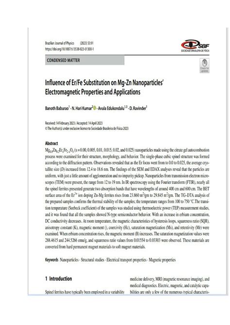 Pdf Influence Of Erfe Substitution On Mg‑zn Nanoparticles