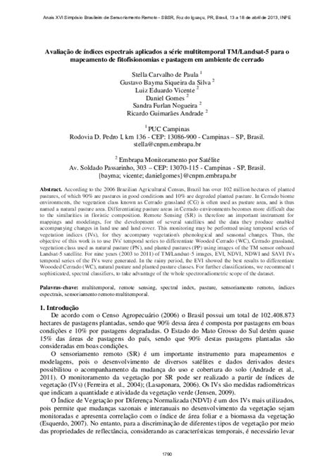 Pdf Avaliação De índices Espectrais Aplicados A Série Multitemporal Tmlandsat 5 Para O