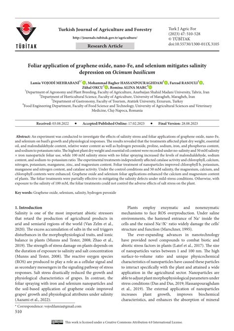 Pdf Foliar Application Of Graphene Oxide Nano Fe And Selenium