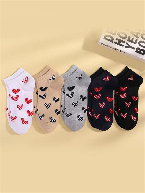 5pairs Heart Pattern Ankle Socks Shein Socks Socks With Hearts