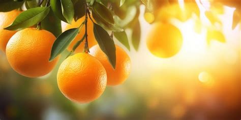 Premium AI Image Oranges On A Tree With A Sun Behind Them