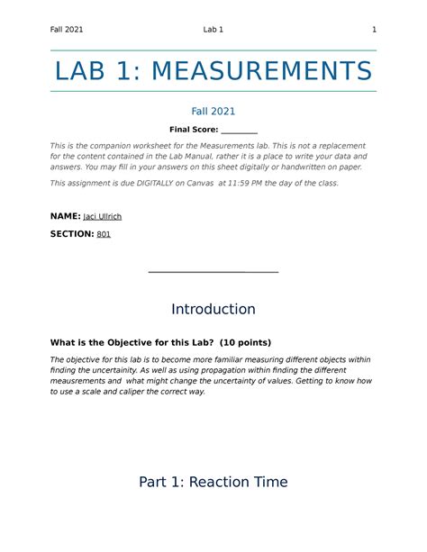 Lab1 Measurements Lab 1 Measurements Fall 2021 Final Score